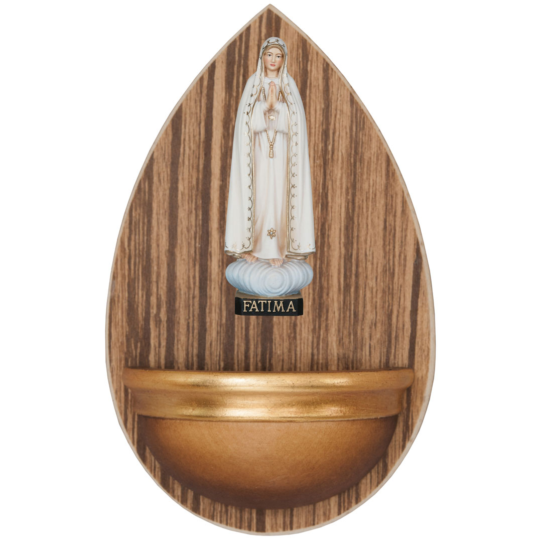Wooden Holy water font with Our Lady of Fatima | Holy water fonts ...